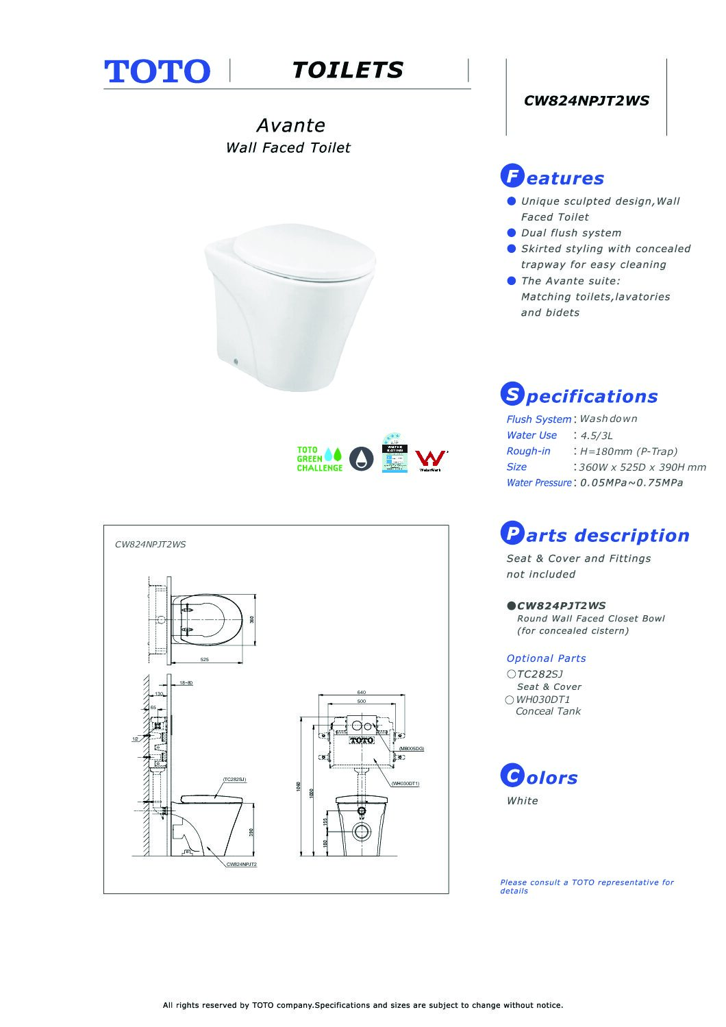 Toto Avante Wall Faced Toilet Pan C5 Remote Control Washlet - Buy Online