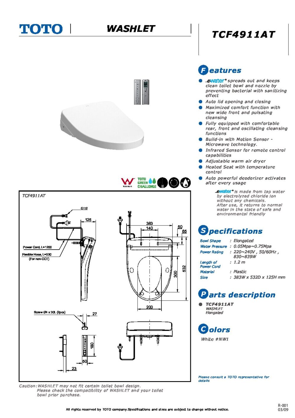 TOTO Washlet Toilet Seat S7 Remote Control (elongated) - Bidet Seats