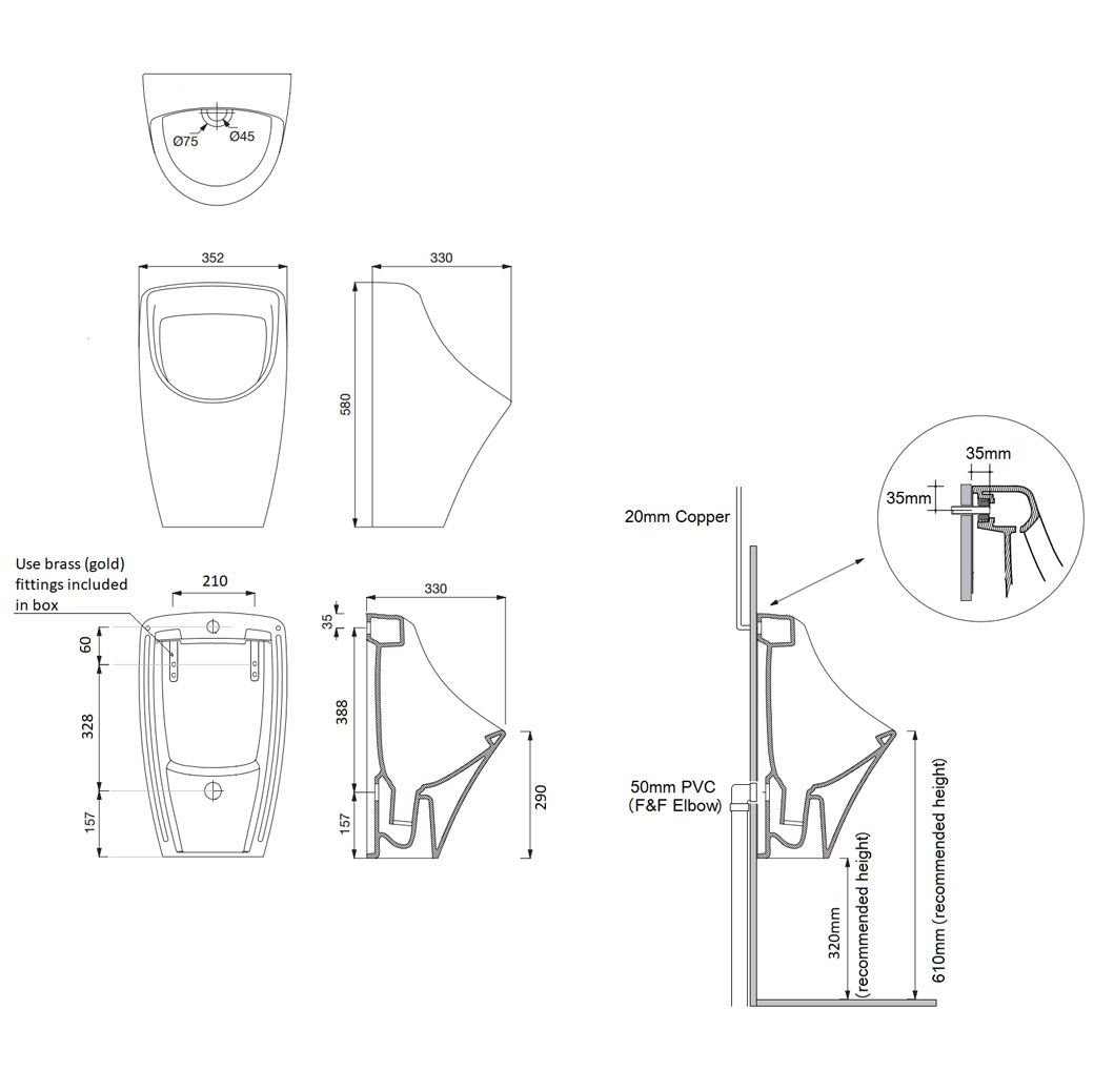 Turner Hastings Teide Ceramic Urinal - Back Inlet - Sydney Bathroomware