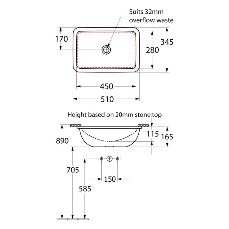 Villeroy & Boch Loop Slim 450 Rectangle Undercounter Basin Overflow ...